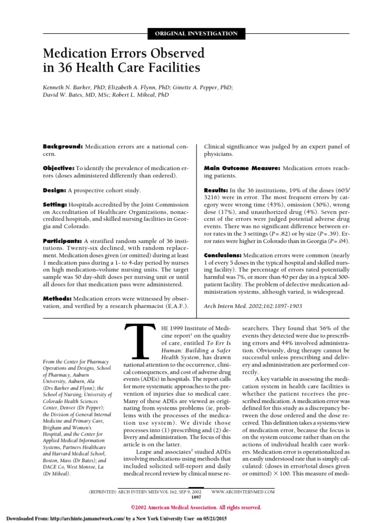 Arch Intern Med Medication Errors Observed in 36 Health Care Facilities ...