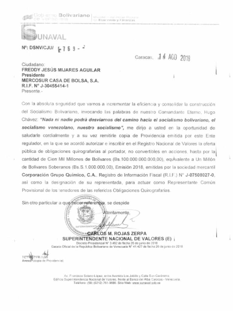 Providencia Sunaval Corporación Grupo Químico Obligaciones Quirografarias 2018 | PDF