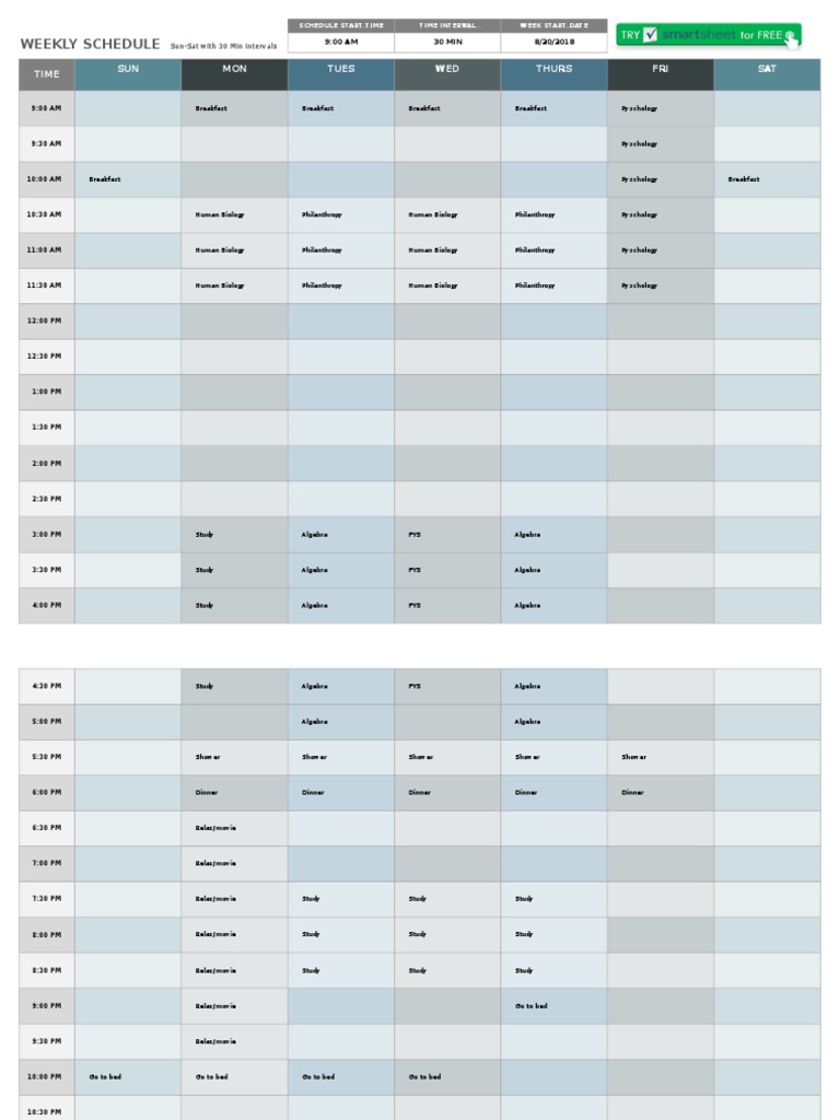 Ic Weekly Schedule Sun Sat With 30 Minute Intervals 9135 | PDF ...