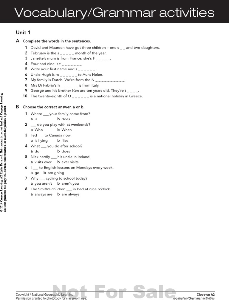 Close-Up - A2 - Extra Vocabulary and Grammar Tasks | PDF | Nature