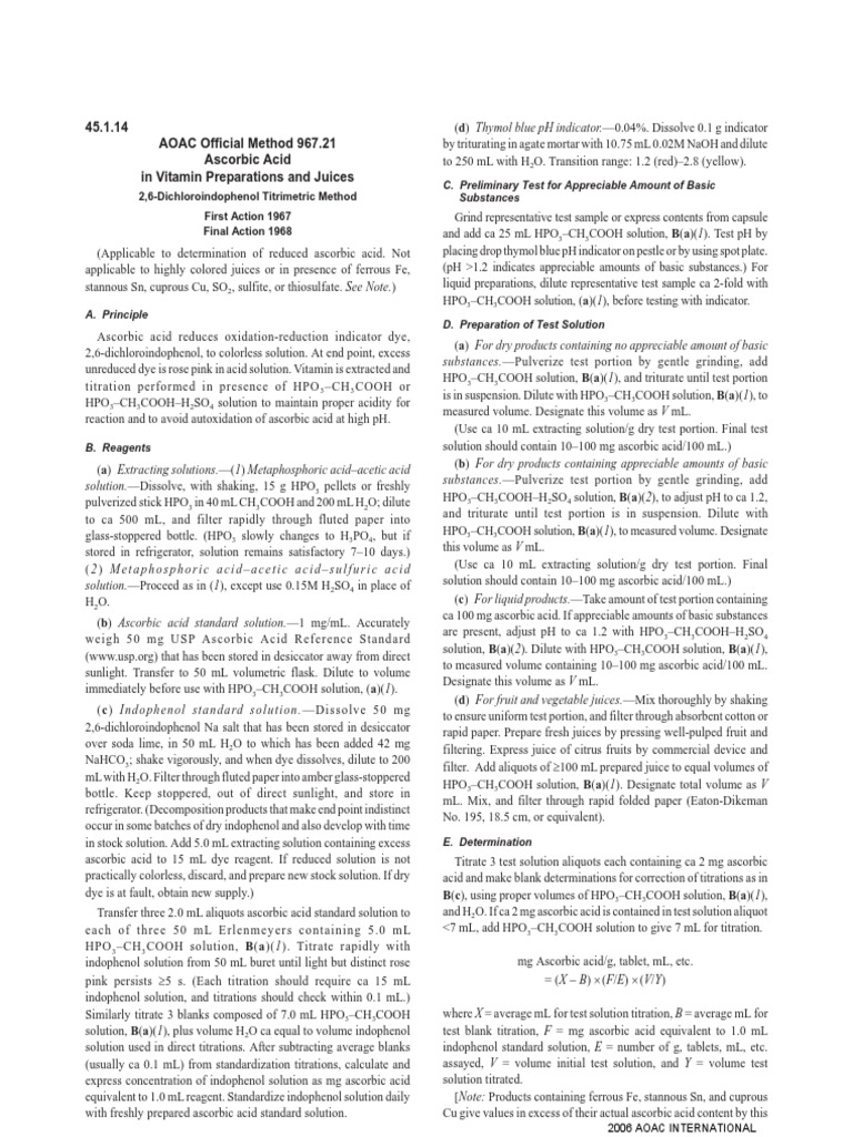 AOAC Method Ascorbic Ac 967 21 PDF | PDF | Titration | Chemistry