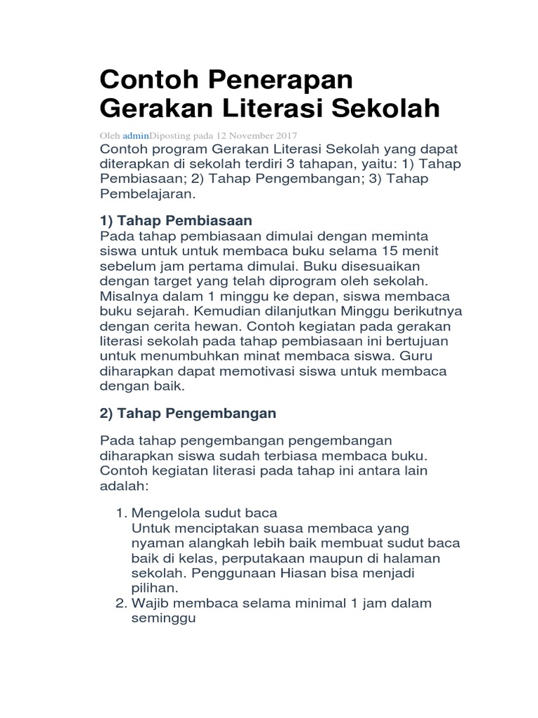 Contoh Penerapan Gerakan Literasi Sekolah | PDF | Karier & Perkembangan ...