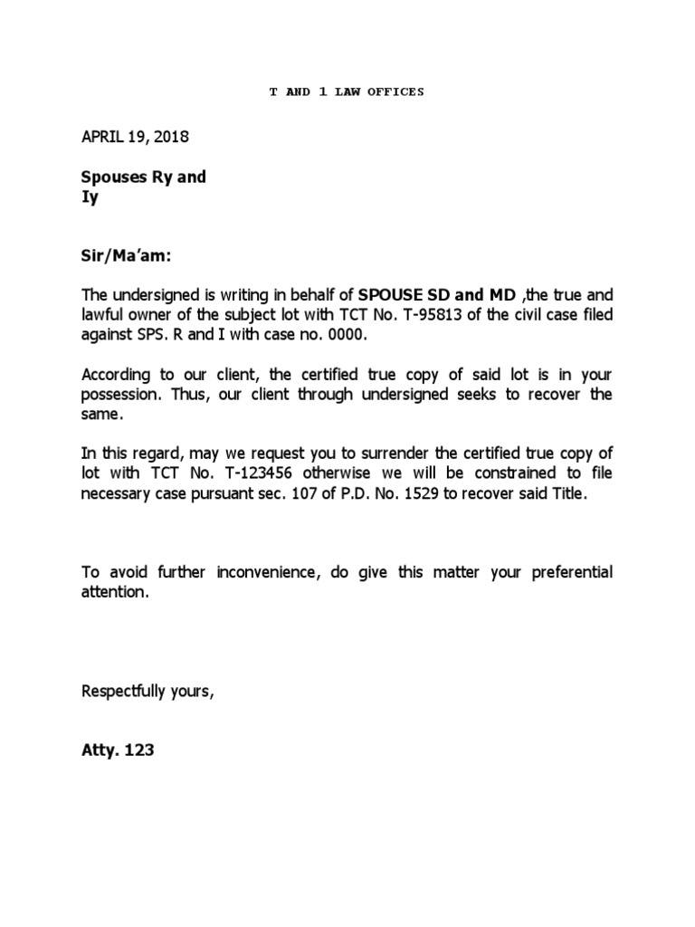 Demand Letter to Surrender Transfer Certificate Title | Government ...