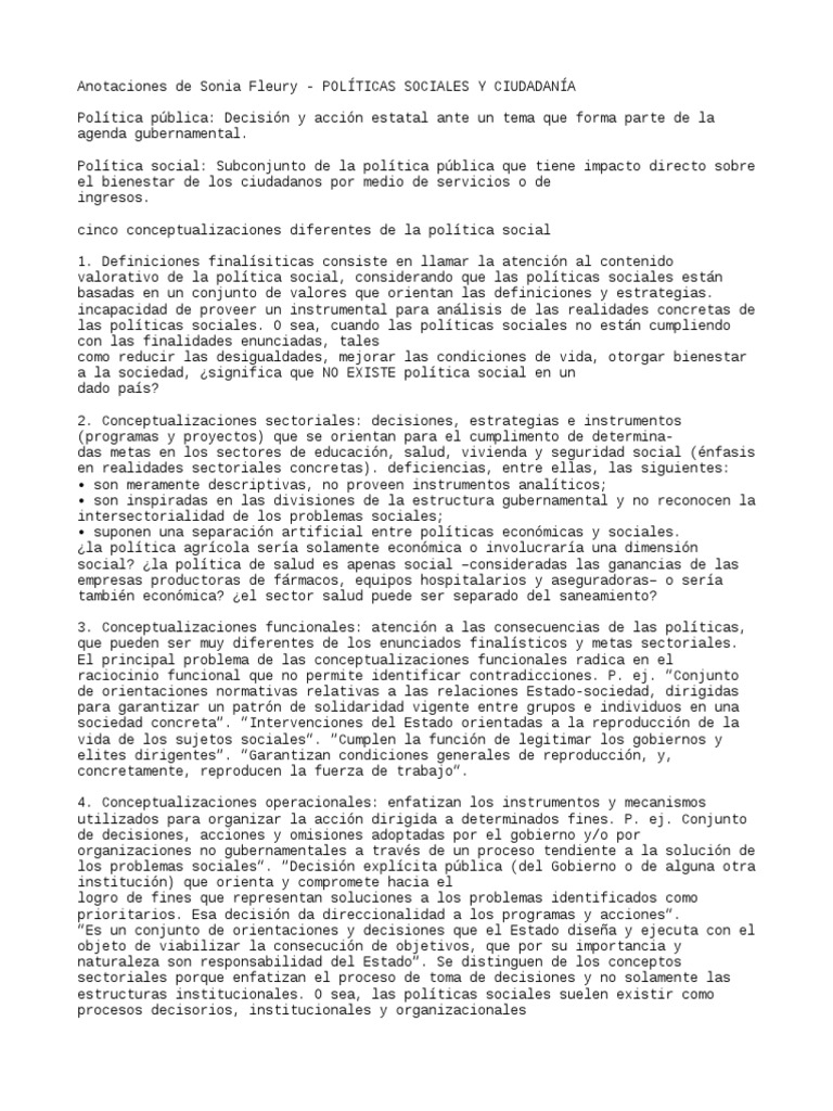 Anotaciones de Sonia Fleury - Políticas Sociales y Ciudadanía | PDF | Politica social | Ciudadanía