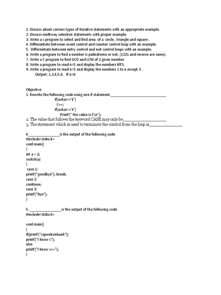 Unit 2 Questions Theory and Objective Questions | PDF | Control Flow ...