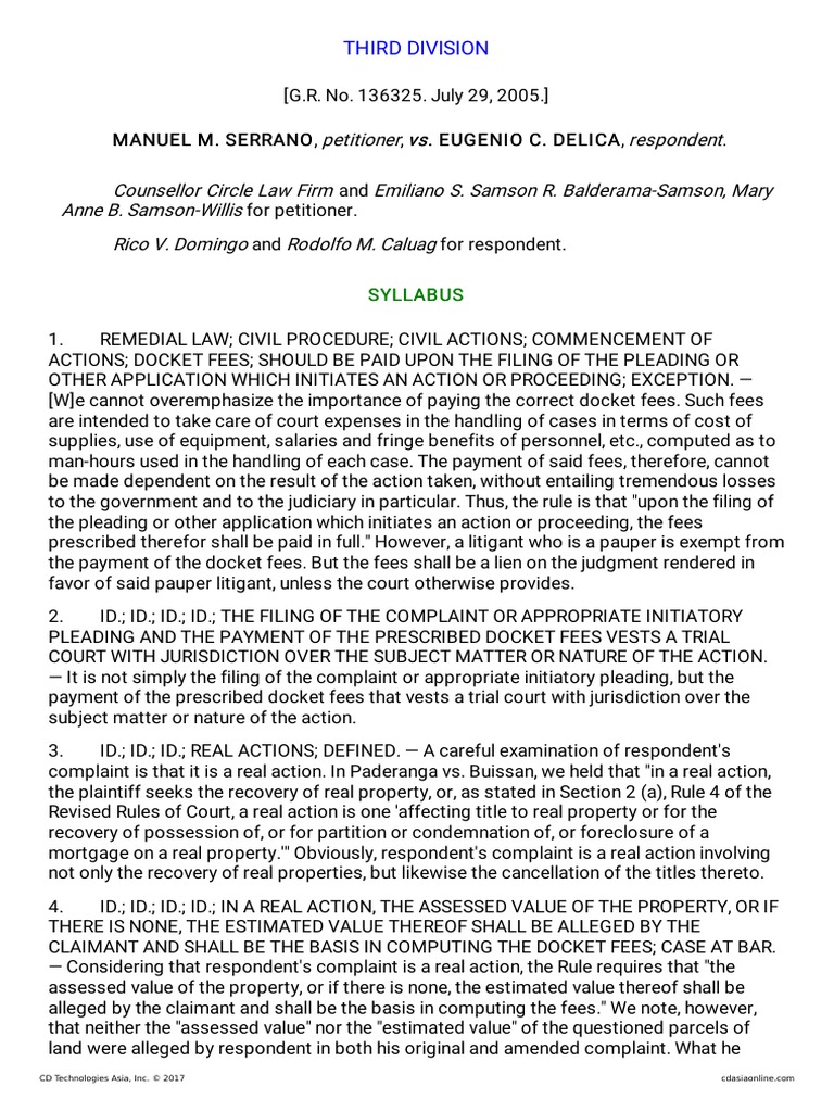 Supreme Court Decision on the Proper Payment of Docket Fees in a Real ...