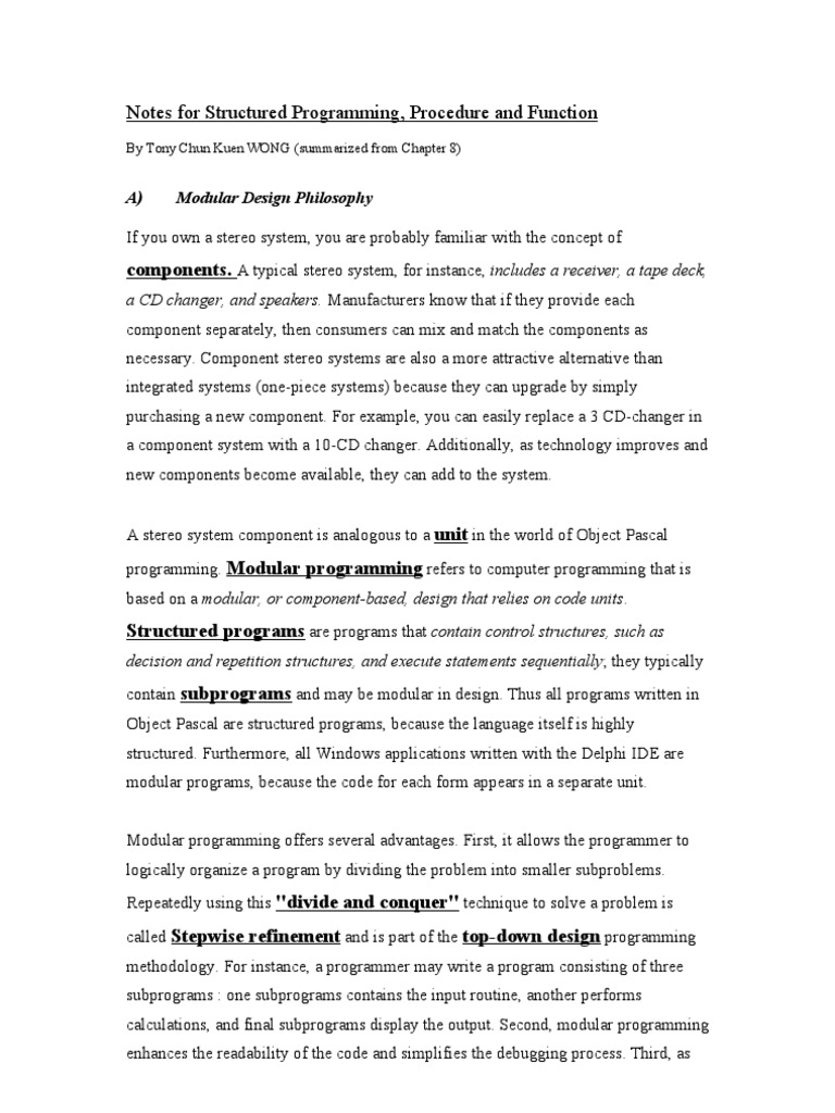 Notes For Structured Programming, Procedure and Function: Components ...