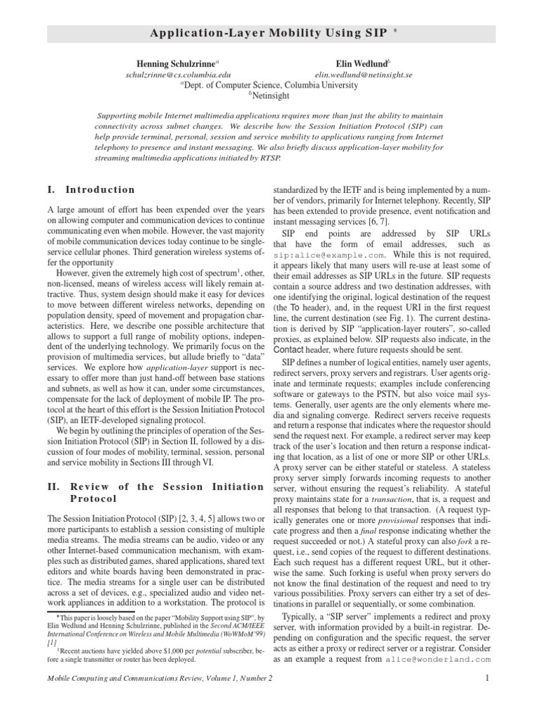 Application-Layer Mobility Using SIP: Henning Schulzrinne Elin Wedlund | PDF | Session ...