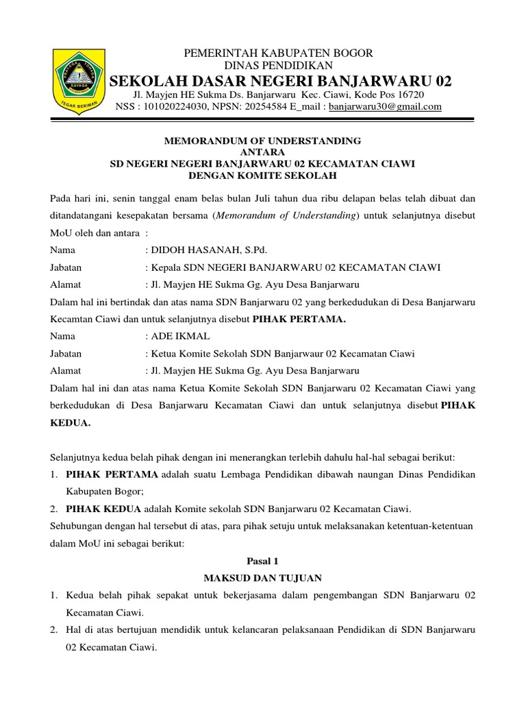 MOU Sekolah Dengan Komite | PDF