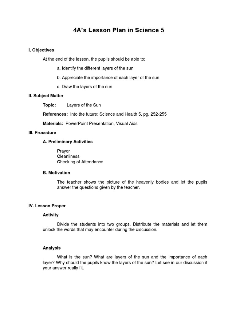 4a's Lesson Plan in Science 5 | PDF