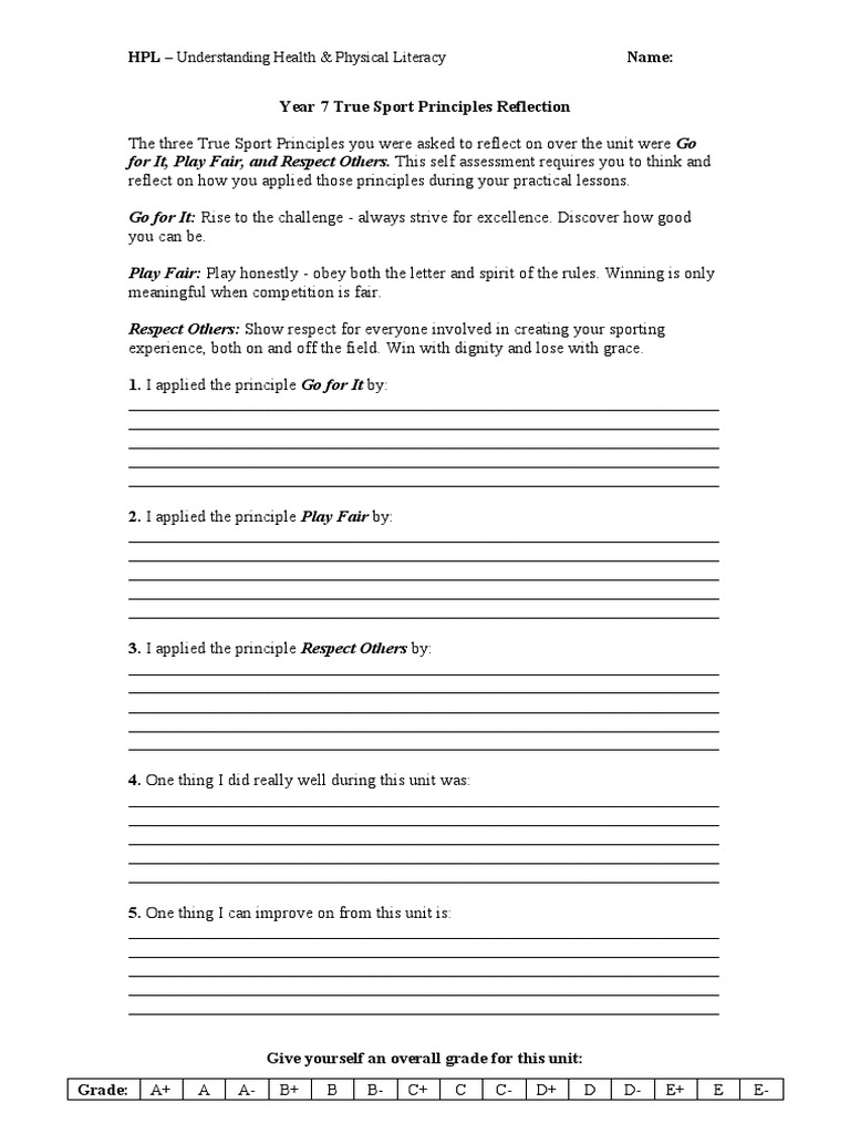 Year 7 Health & Physical Literacy Reflection | PDF | Sports | Psychology