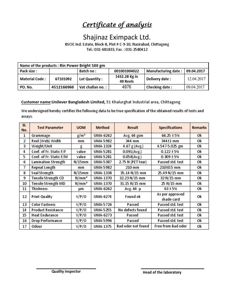 Certificate of Analysis | Materials | Nature