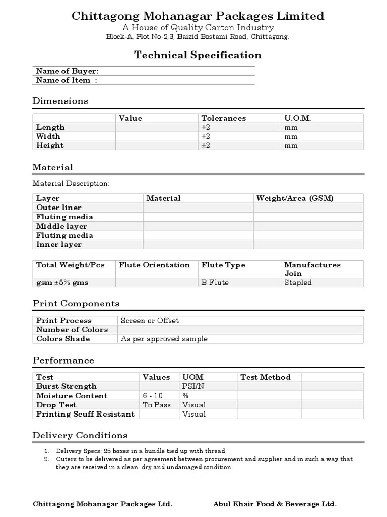 Technical Specification Corrugated Carton | PDF
