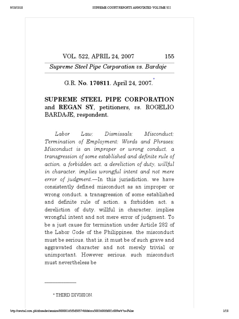 Supreme Steel Pipe Corporationand Regan Sy, Petitioners, vs. Rogelio Bardaje, Respondent. | PDF ...