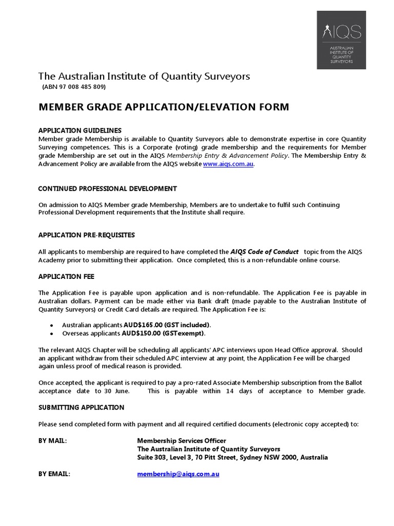 AIQS Member Grade Application Form | PDF | Fee | Justice Of The Peace