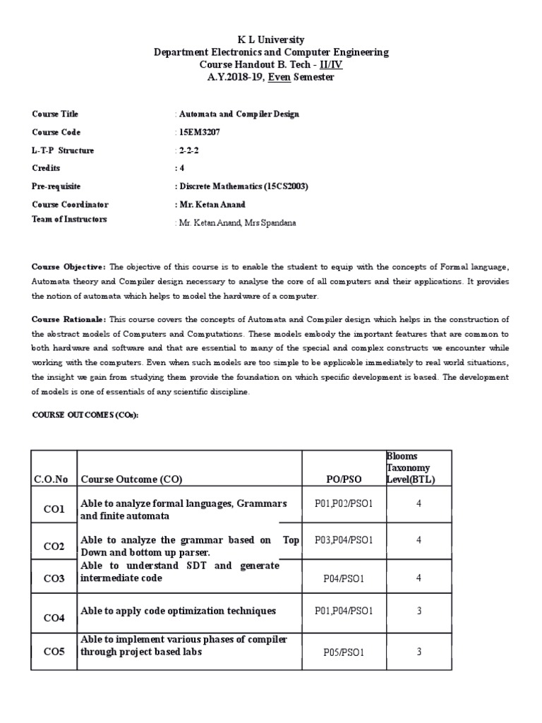 Automata Theory and Compiler Design Course Handout | PDF | Parsing ...