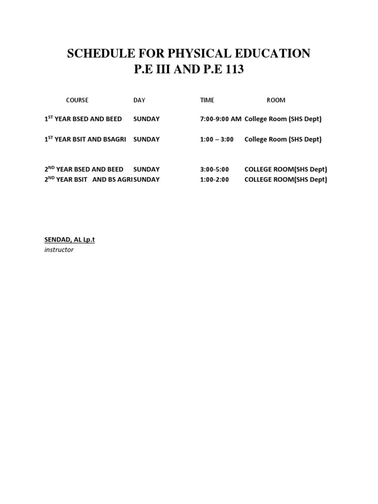 P.E. Schedule for College Students | PDF | Physical Education ...