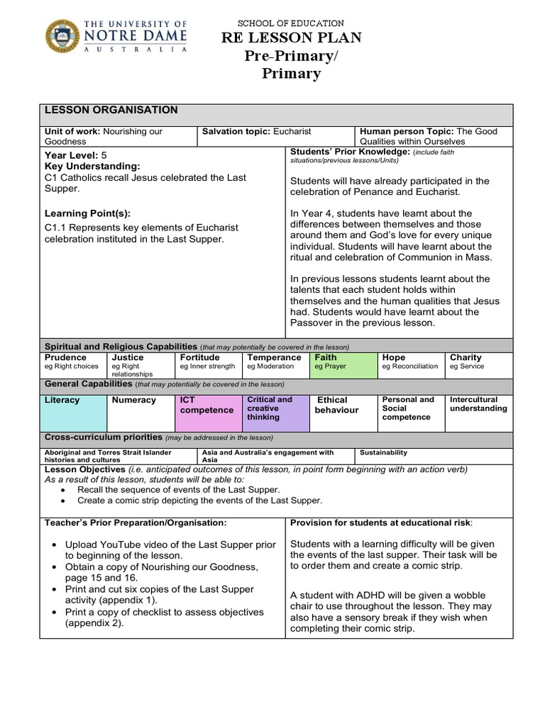 Re Lesson Plan Pre-Primary/ Primary | PDF | Last Supper | Eucharist