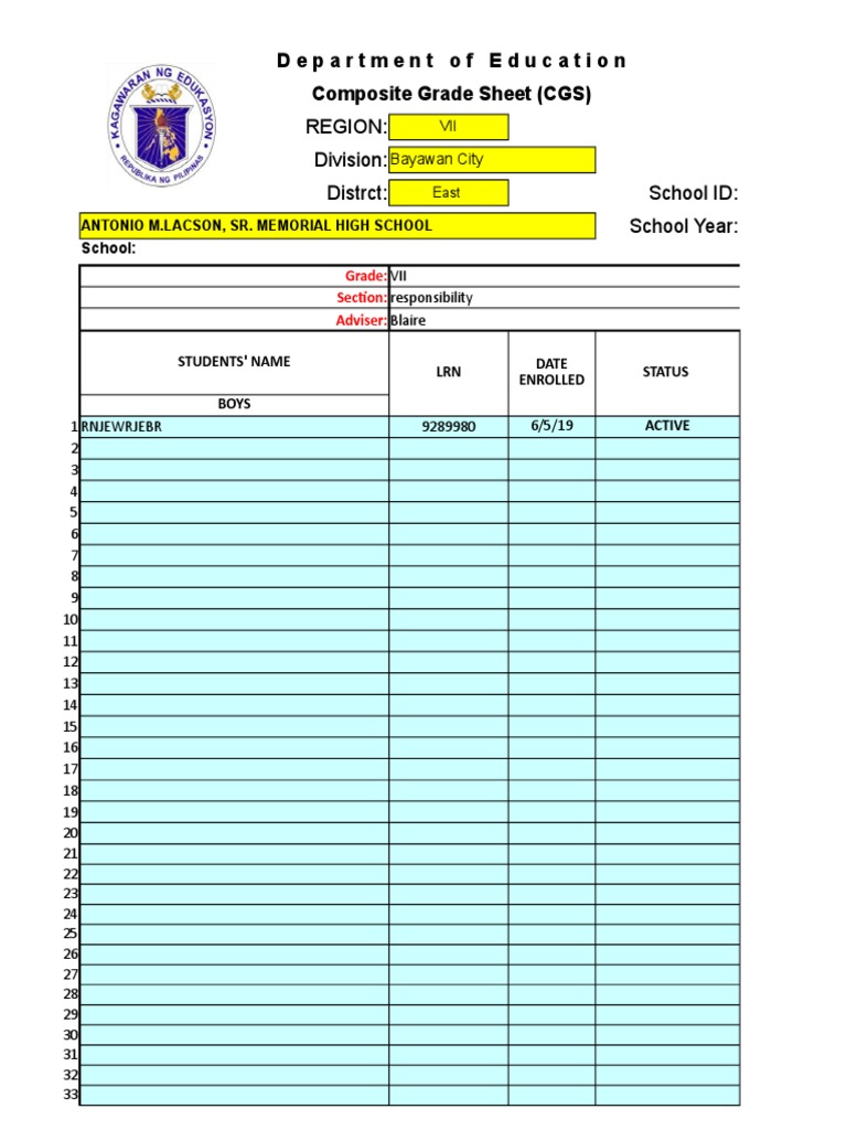 Region: Division: Distrct: School ID: School Year:: Department of ...