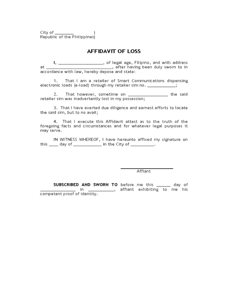 Affidavit of Loss - Sim Card | PDF | Affidavit | Civil Law (Common Law)