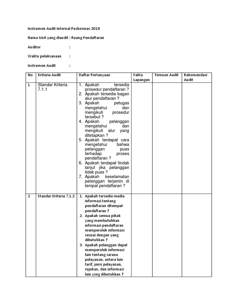 Instrumen Audit Internal Puskesmas 2018 NS | PDF
