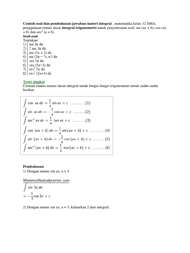 Contoh Soal Integral Trigonometri Kelas 12 | PDF