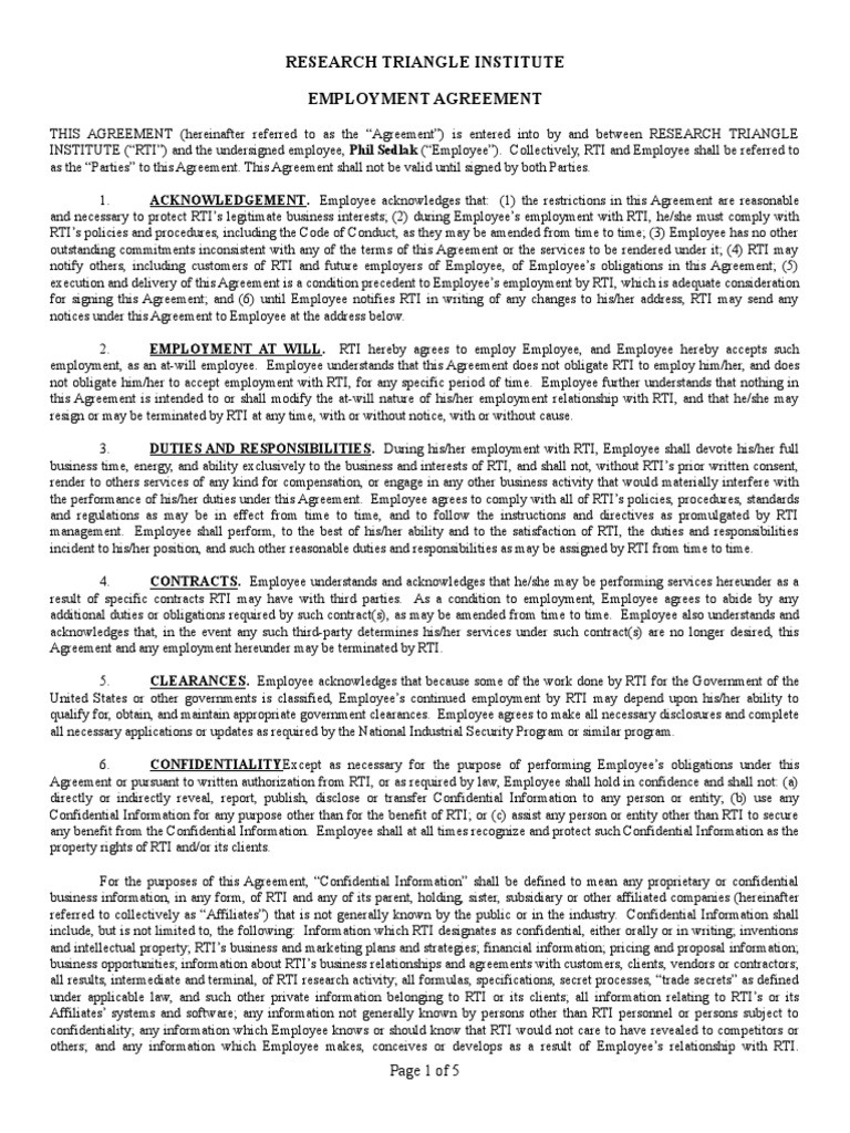 Research Triangle Institute Employment Agreement: Page 1 of 5 | PDF ...