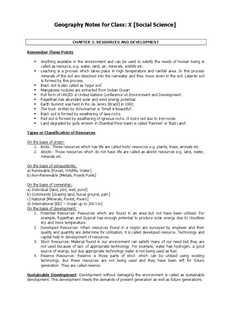 Geography Notes For Class: X (Social Science) : Chapter 1: Resources ...