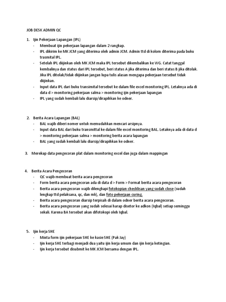 Job Desk Admin QC | PDF