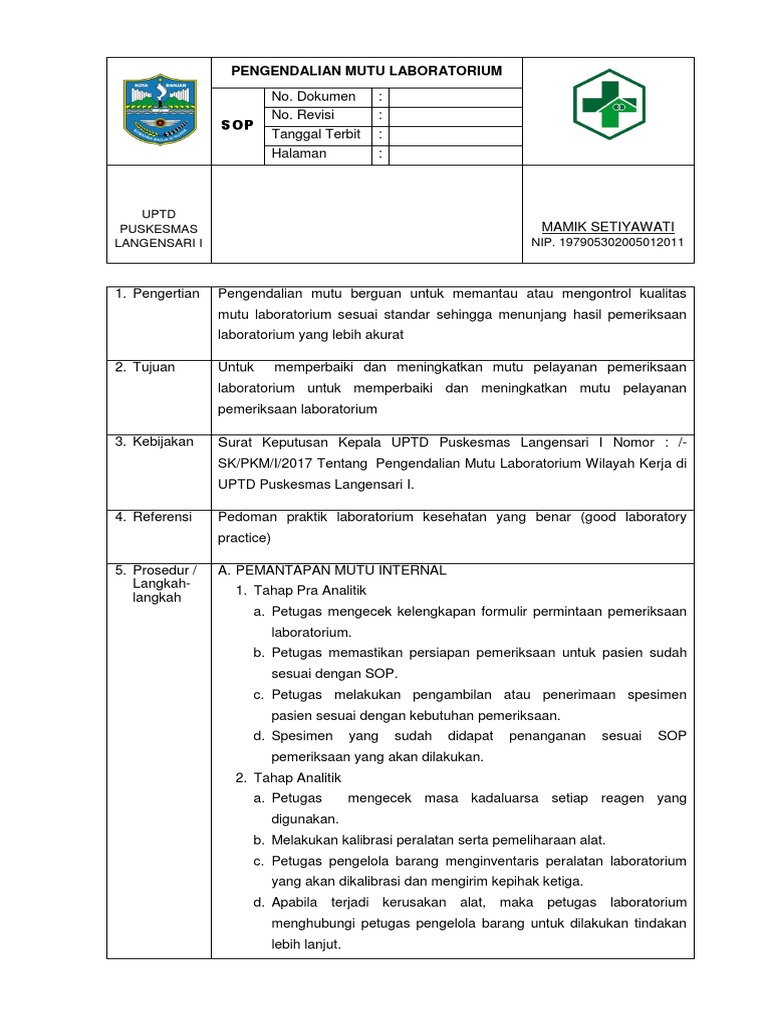 8.1.7.1 Sop Pengendalian Mutu Laboratorium | PDF