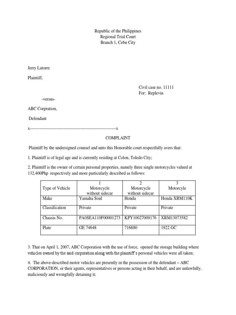 Complaint For Replevin | PDF | Notary Public | Lawsuit