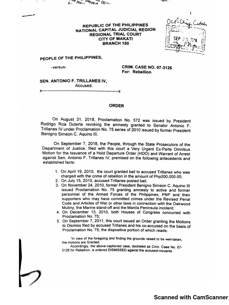 Judge Elmo Alameda's Order of Arrest Warrant Vs Trillanes | PDF
