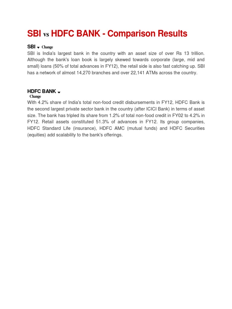 SBI HDFC BANK - Comparison Results: Change | PDF