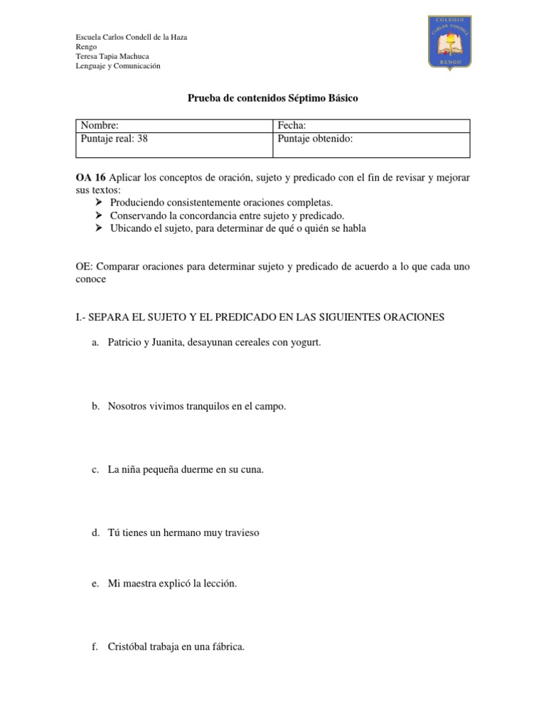 Prueba de Sujeto y Predicado Séptimo Básico | Asunto (gramática ...