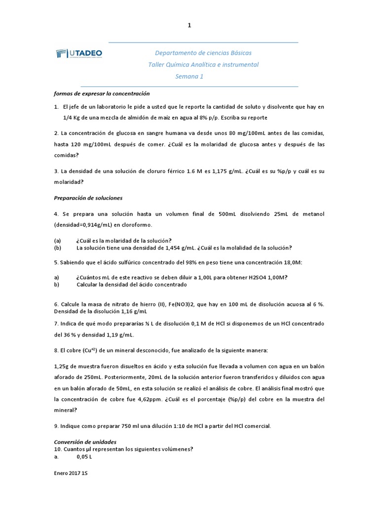Taller 1. Soluciones (2017 2S) | Descargar gratis PDF | Concentración | Compuestos químicos