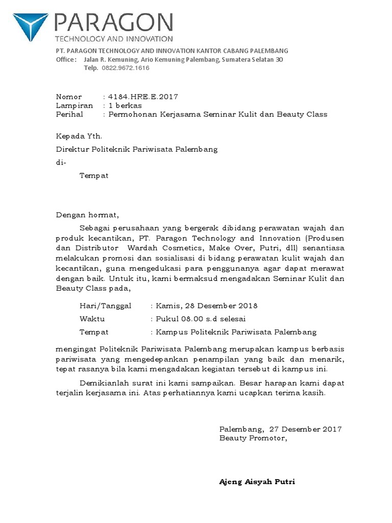 Kerjasama Seminar Kecantikan Paragon | PDF