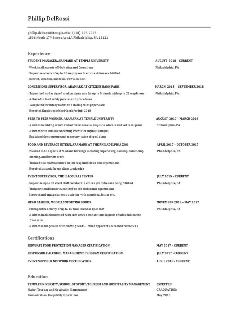 Phillip DelRossi's Hospitality Resume | PDF | Philadelphia | Employment