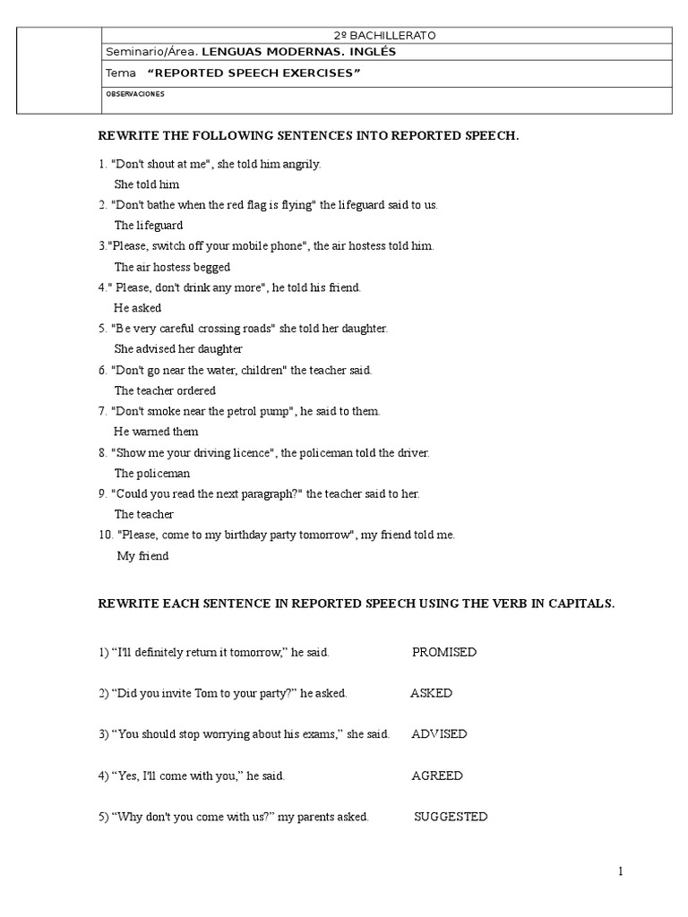 2º BACHILLERATO Exercises Reported Speech | PDF