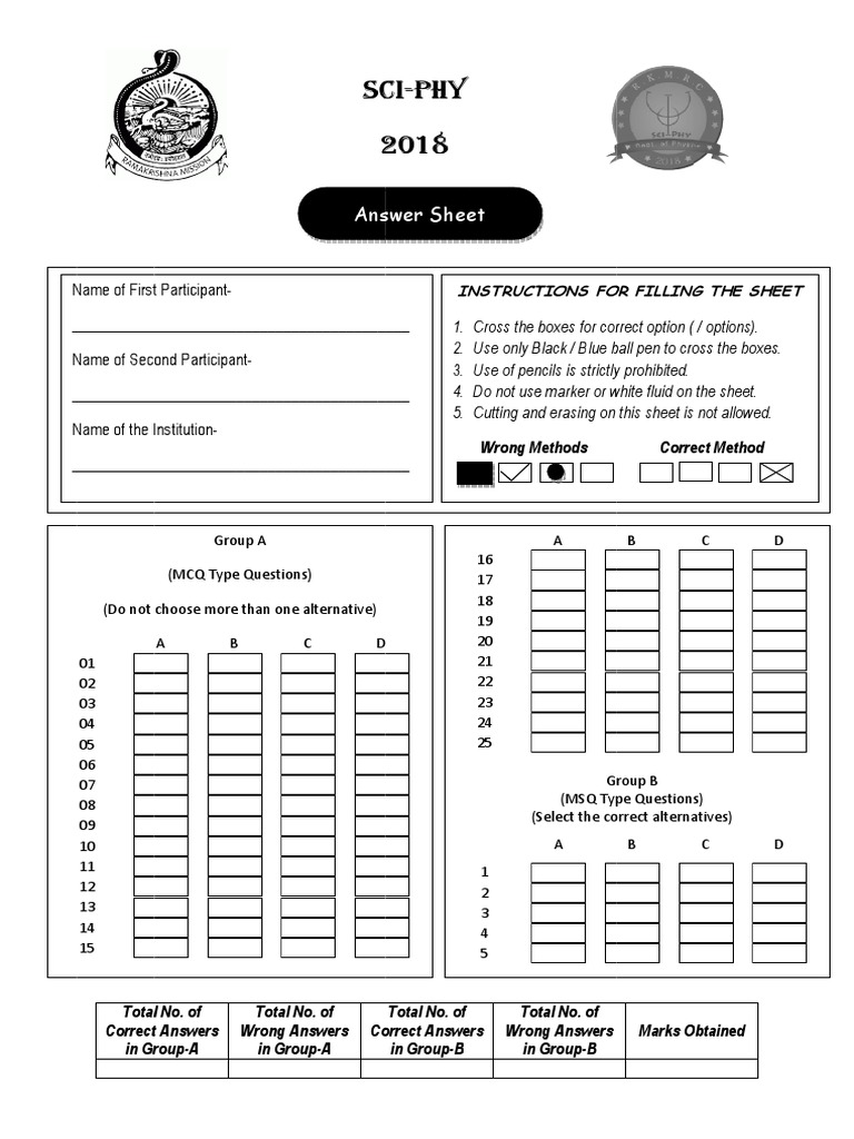 SCI 2018 Sci-Phy 2018 PHY: Answer Answer Sheet Sheet | PDF | Multiple Choice | Leisure