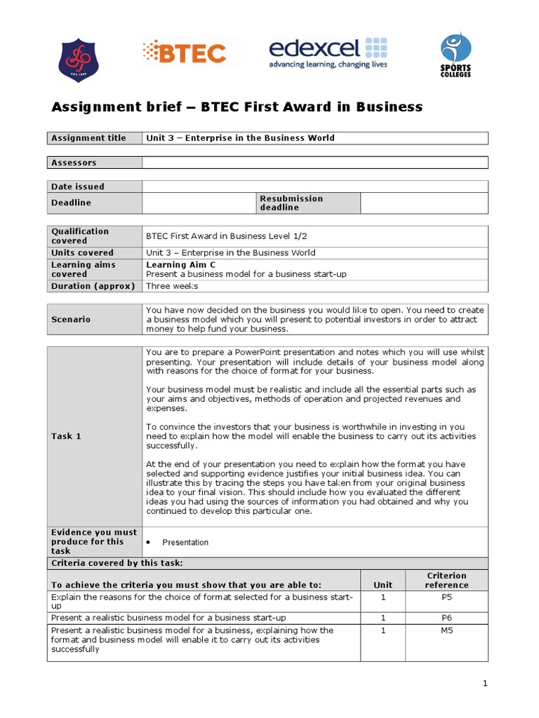 U3 - Enterprise 3 - Assignment Brief | PDF | Startup Company | Small ...