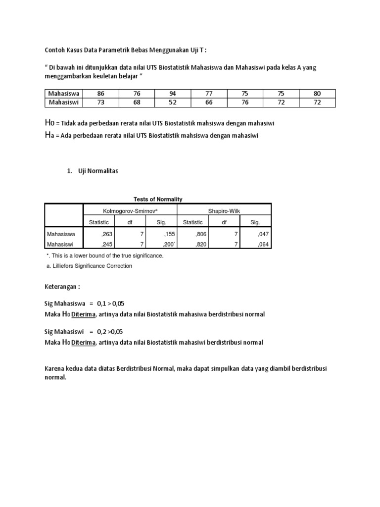 Contoh Kasus Data Parametrik Bebas Menggunakan Uji T | PDF