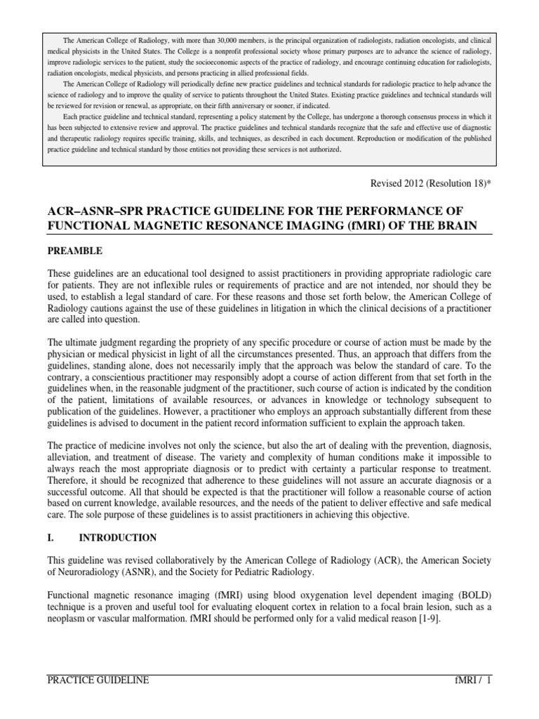 ACR Guidelines for fMRI Brain Exams | PDF | Functional Magnetic ...