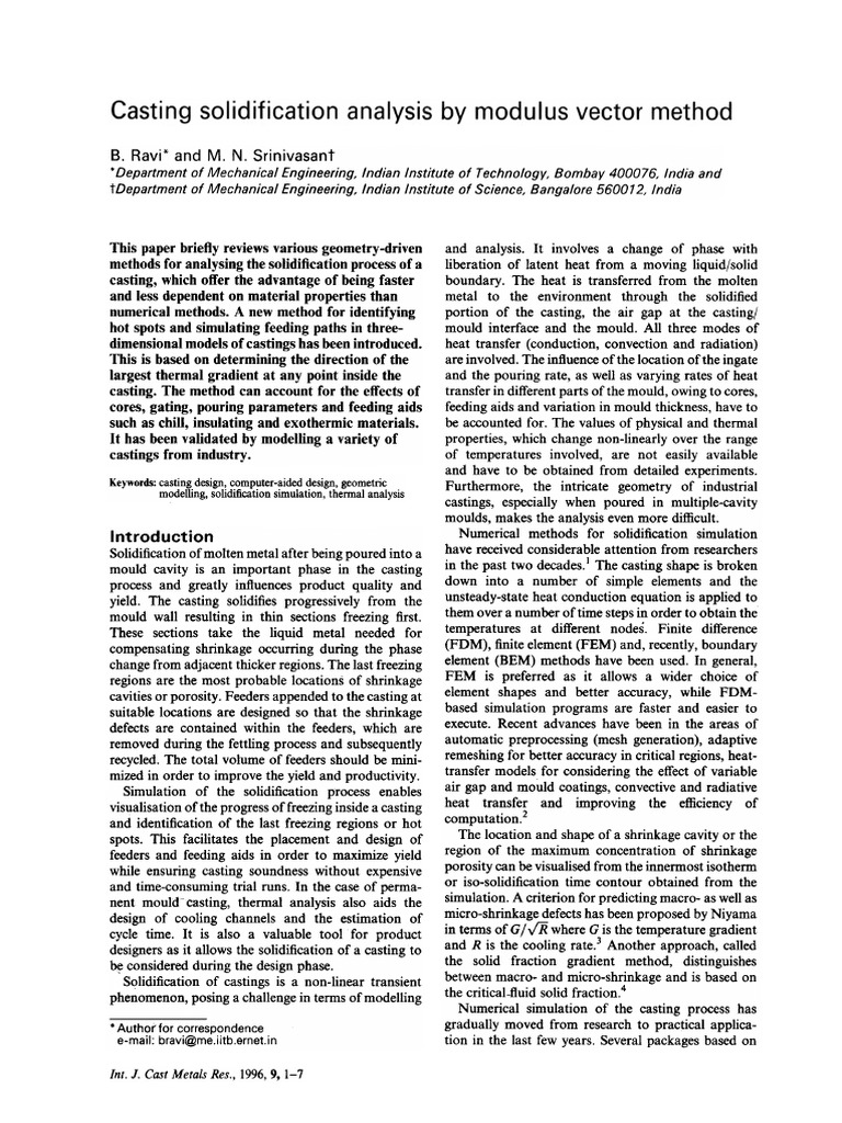 Casting Solidification Analysis by Modulus Vector Method: B. Ravi and M ...