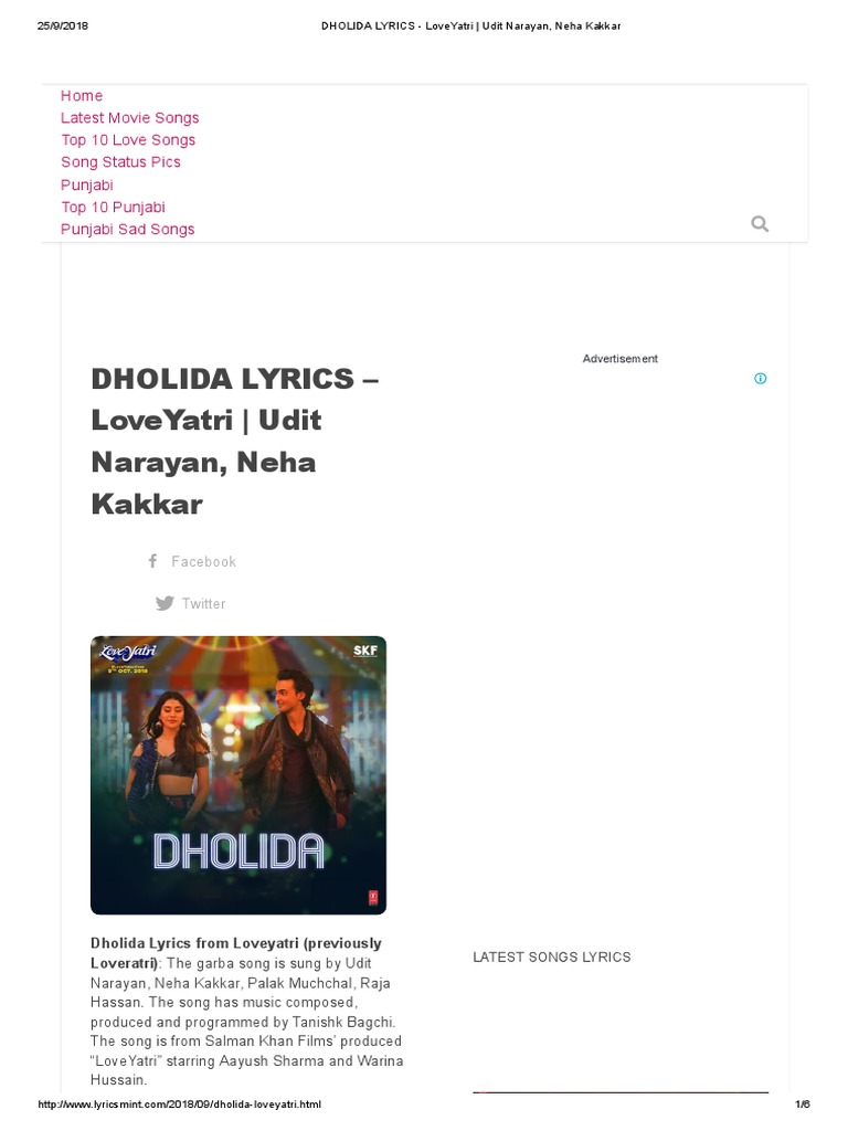 DHOLIDA LYRICS - LoveYatri - Udit Narayan, Neha Kakkar | PDF | Leisure