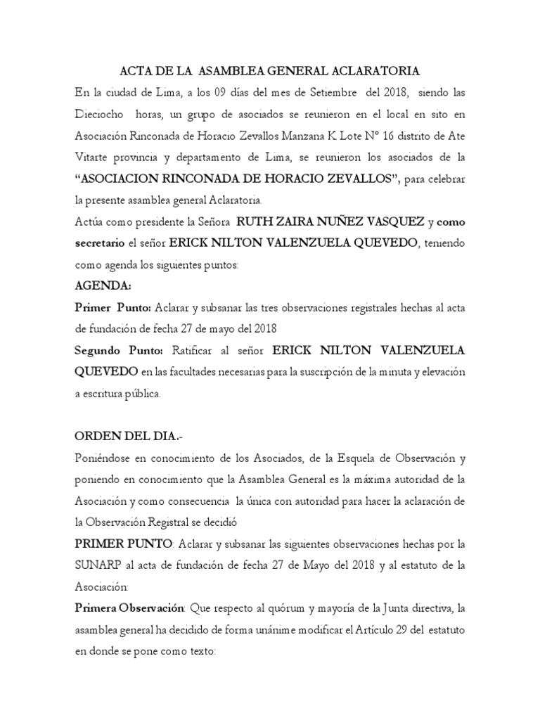 Acta de La Asamblea Aclaratoria Asociacion Rinconada | Política | Gobierno