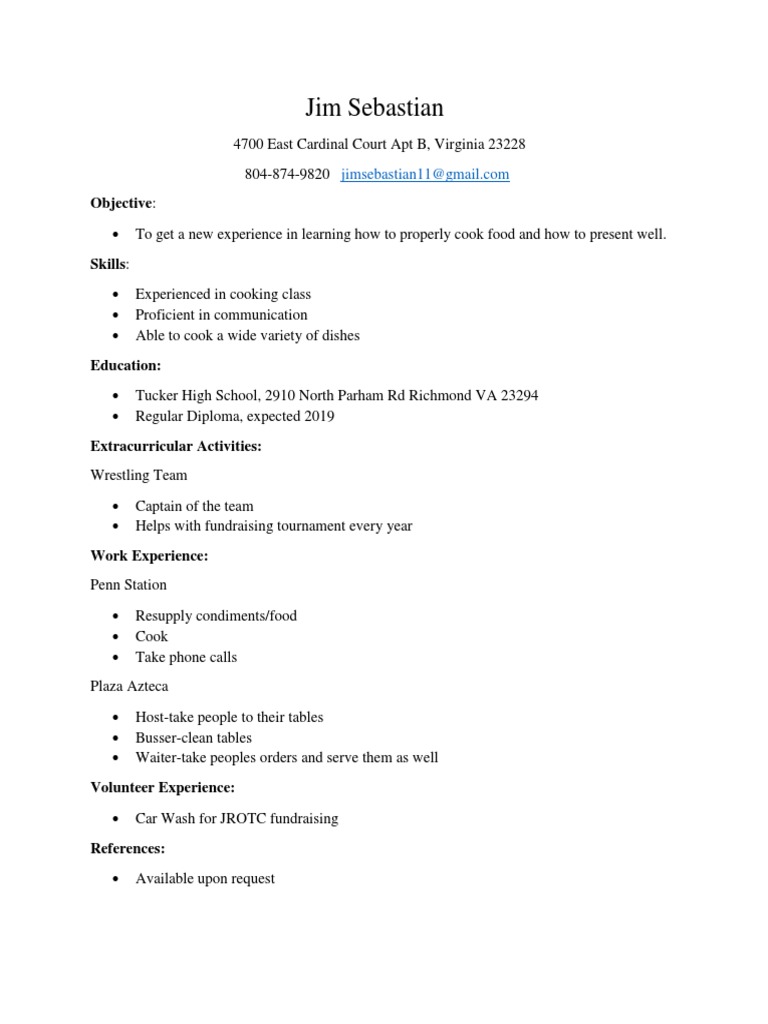 Culinary Skills and Experience Resume | PDF