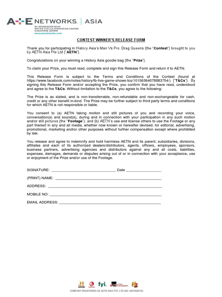 Contest Winner Release Form AETN Asia | PDF | Finance & Money Management