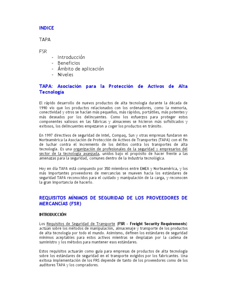 Requisitos Certificacion TAPA-FSR | PDF | Circuito cerrado de ...