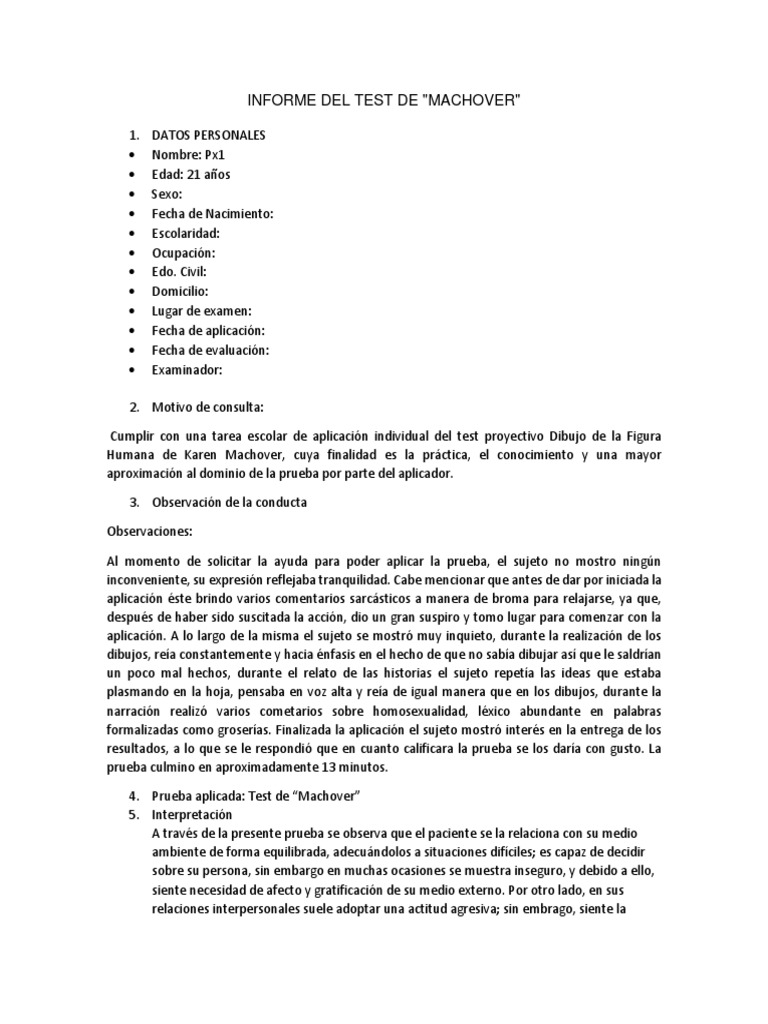 Informe Del Test de Machover | PDF | Conceptos psicologicos | Ciencias ...