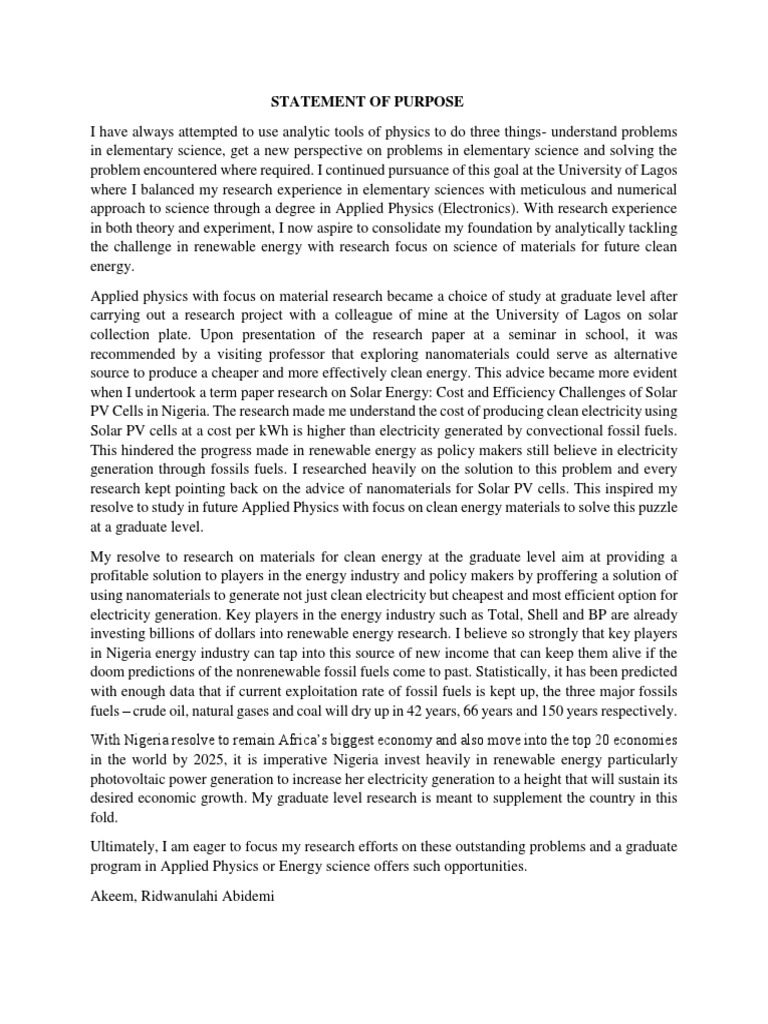 Statement of Purpose | PDF | Renewable Energy | Photovoltaics
